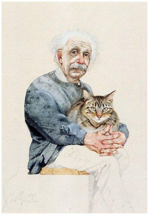 Solve Albert Einstein and his cat Tiger jigsaw puzzle online with 88 pieces