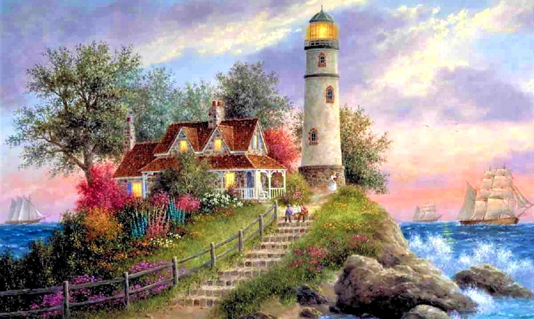 Solve Sunset at Lighthouse Bed & Breakfast jigsaw puzzle online with ...