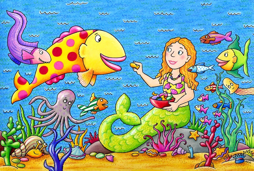 Solve A mermaid feeding hungry fish jigsaw puzzle online with 77 pieces