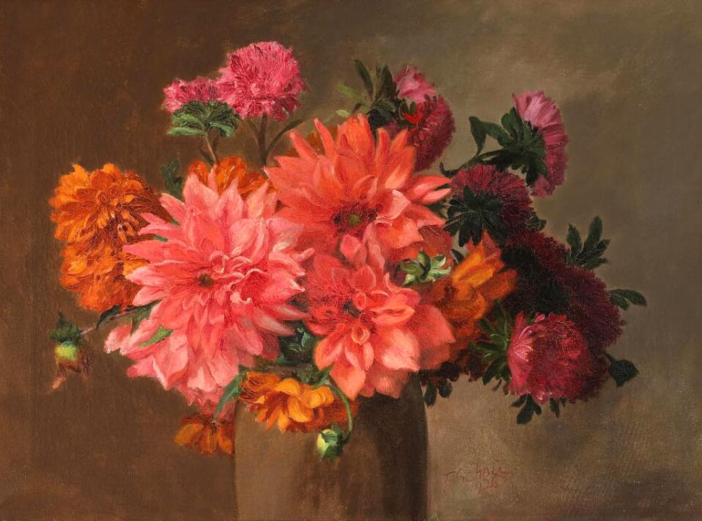 Solve Peter Schou (Danish, 1863–1934), Still Life with Dahlias in a ...
