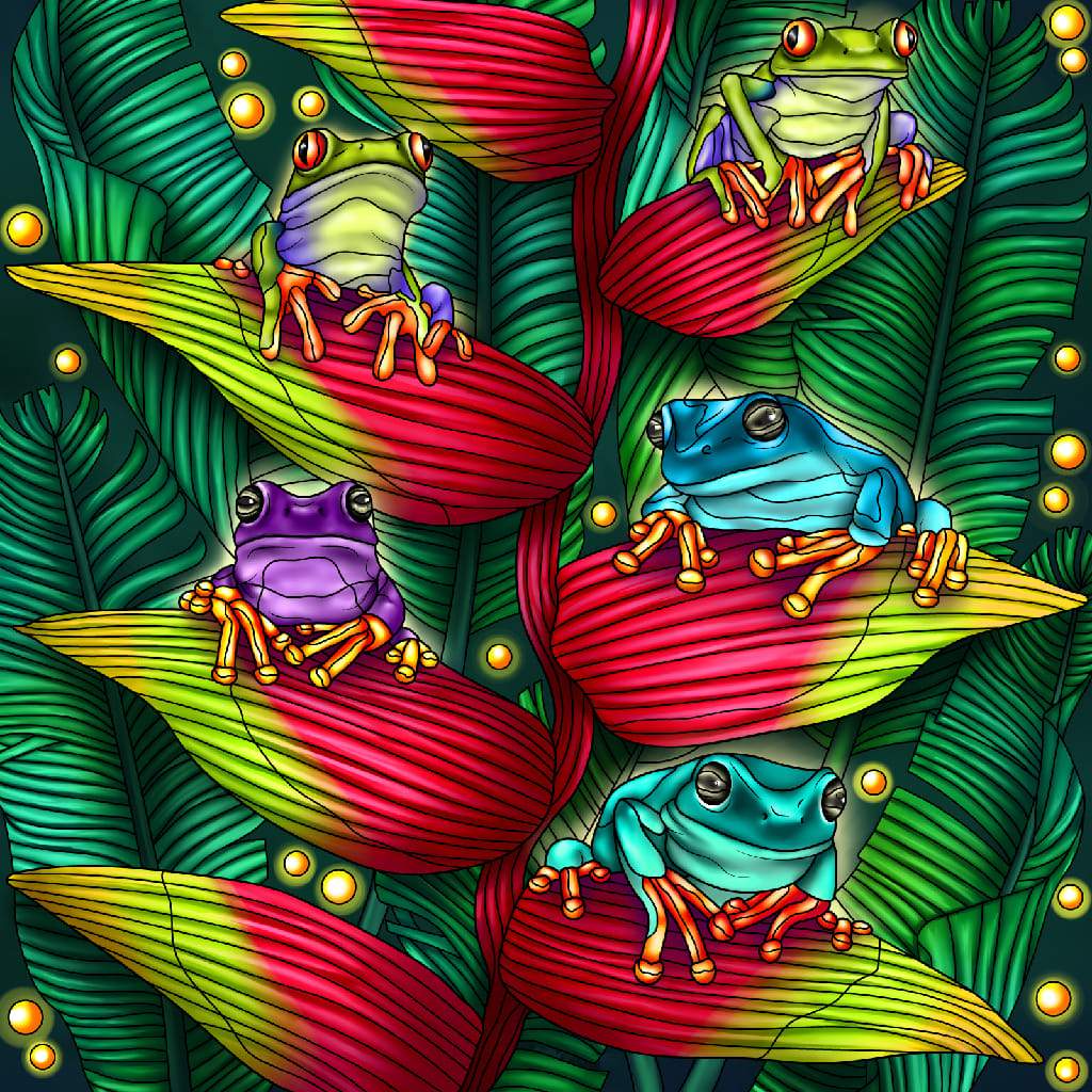 Solve Multicolored Frogs jigsaw puzzle online with 25 pieces