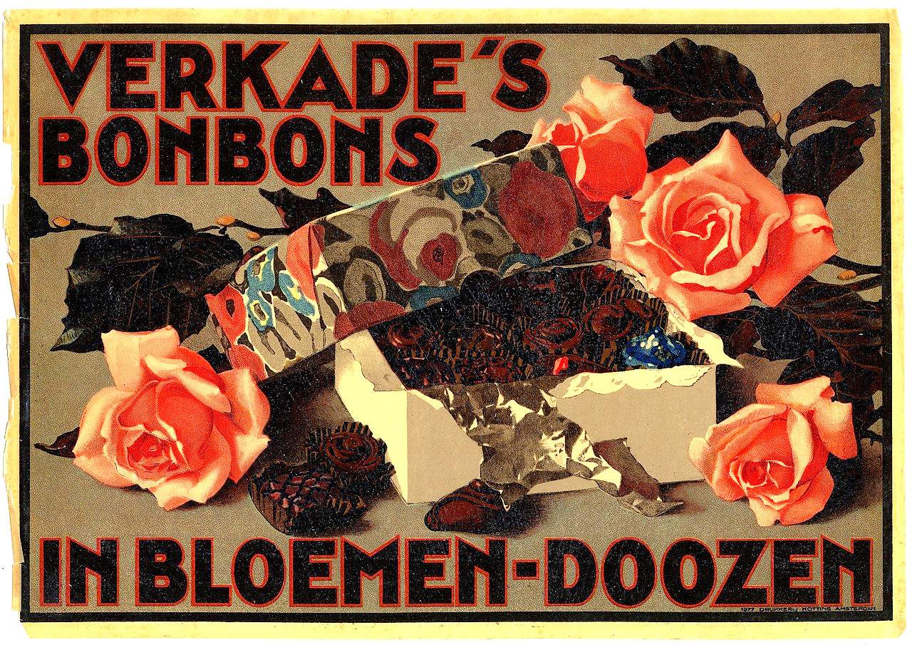 Solve p-Reclame_Verkade_bonbons_in_bloemen-doozen,_1927 jigsaw puzzle ...
