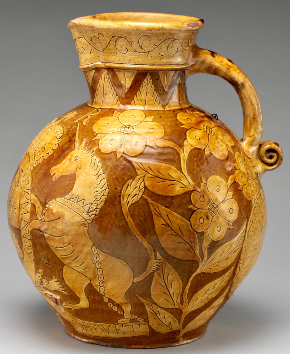 Solve Slipware Harvest Jug with Graffito Decoration, Including a ...