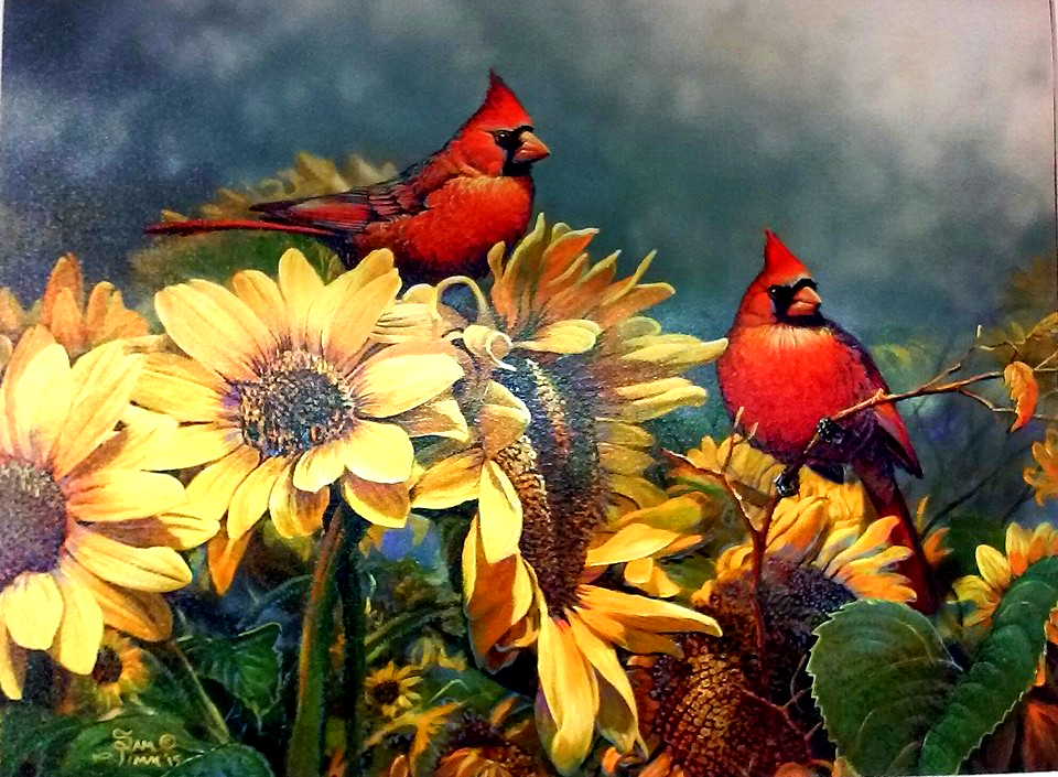 Solve Sunflowers and Cardinals jigsaw puzzle online with 192 pieces