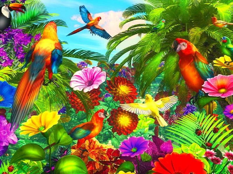 Solve Tropical and Exotic parrots. jigsaw puzzle online with 70 pieces