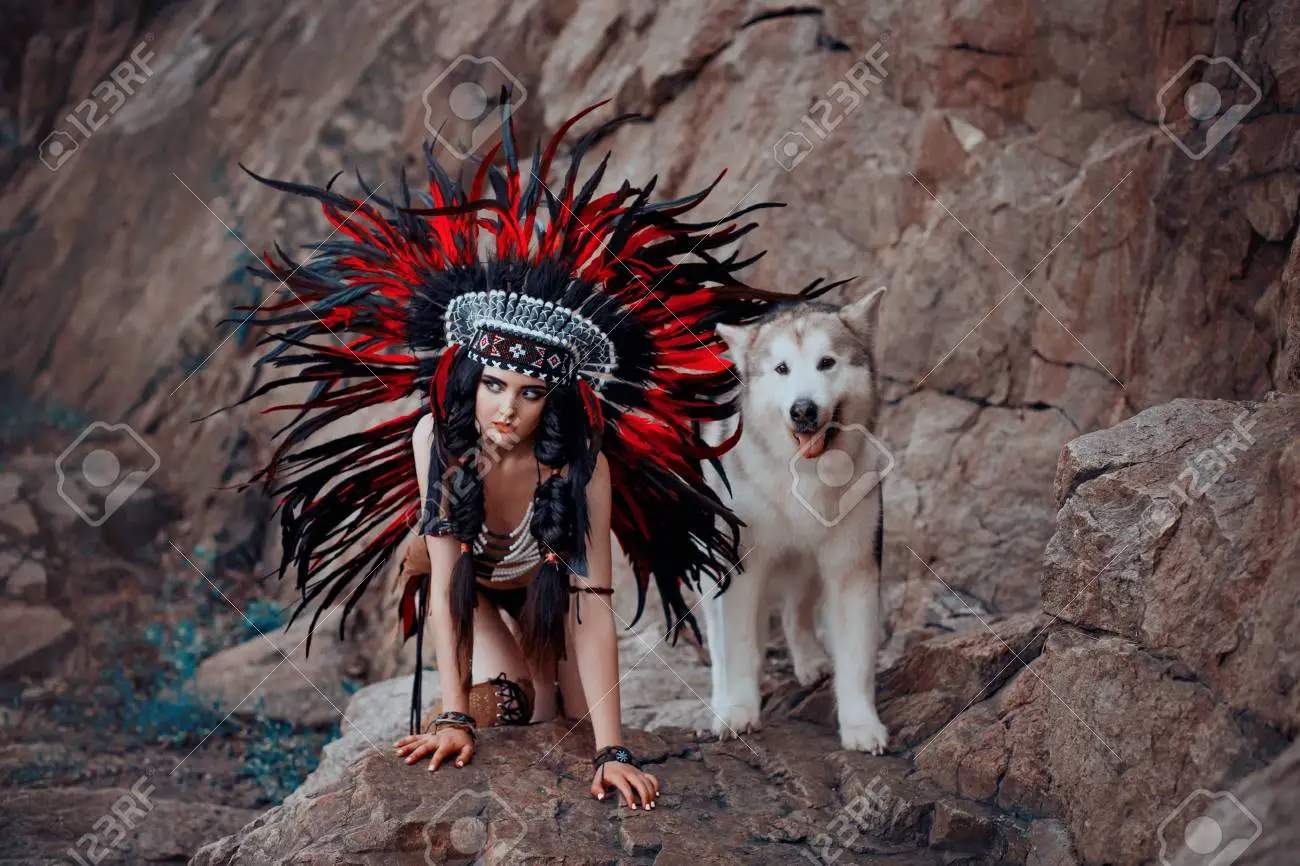 Solve 107088129-native-american-indian-woman-the-huntress-sits-on-the ...