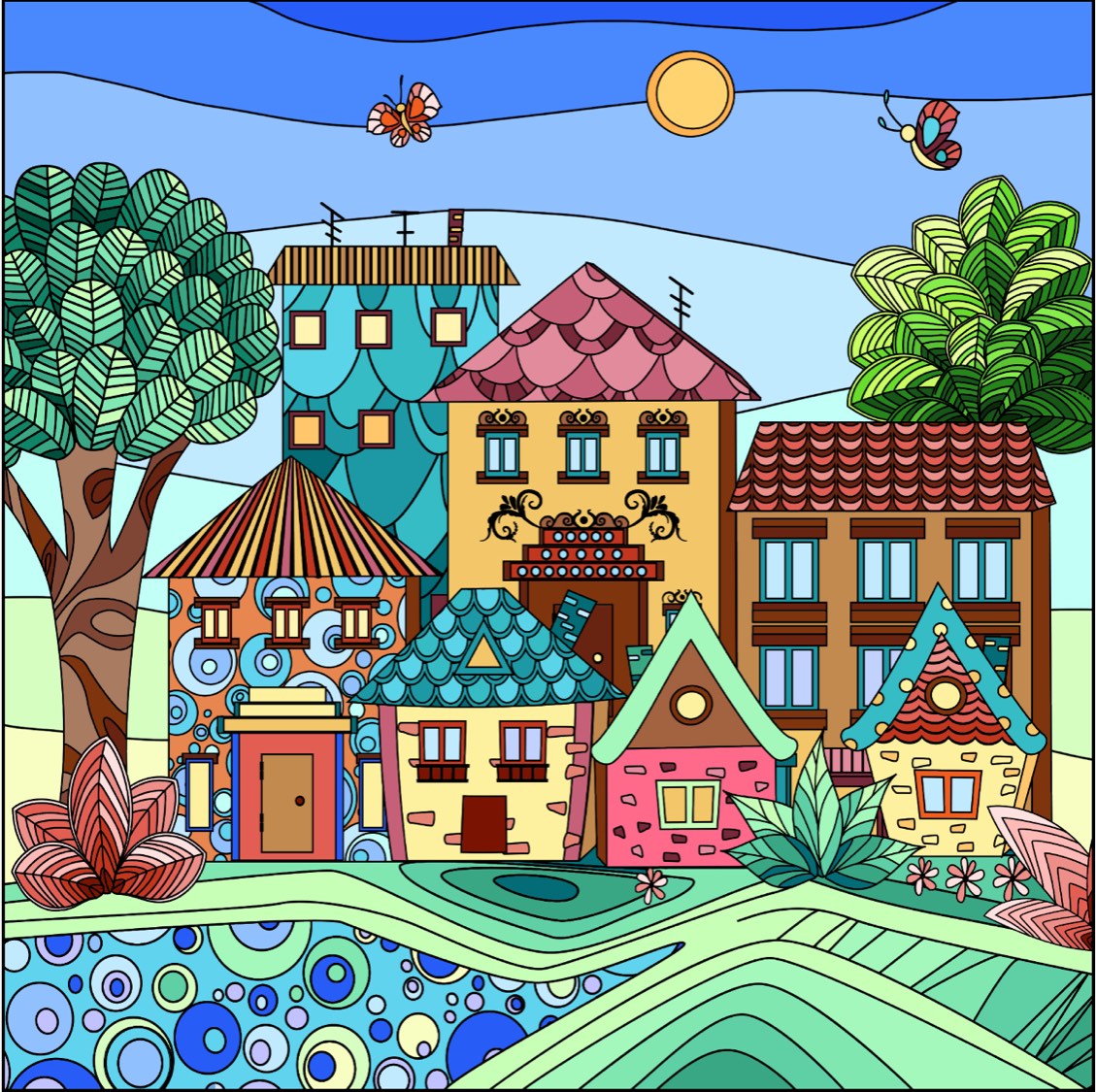 Solve Colourful neighbourhood jigsaw puzzle online with 64 pieces