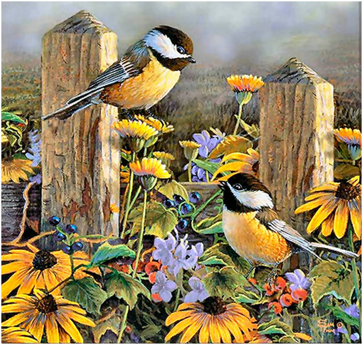Solve Sam Timm Chickadees jigsaw puzzle online with 420 pieces