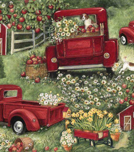 Solve All kinds of red trucks, flowers, and apples! jigsaw puzzle ...