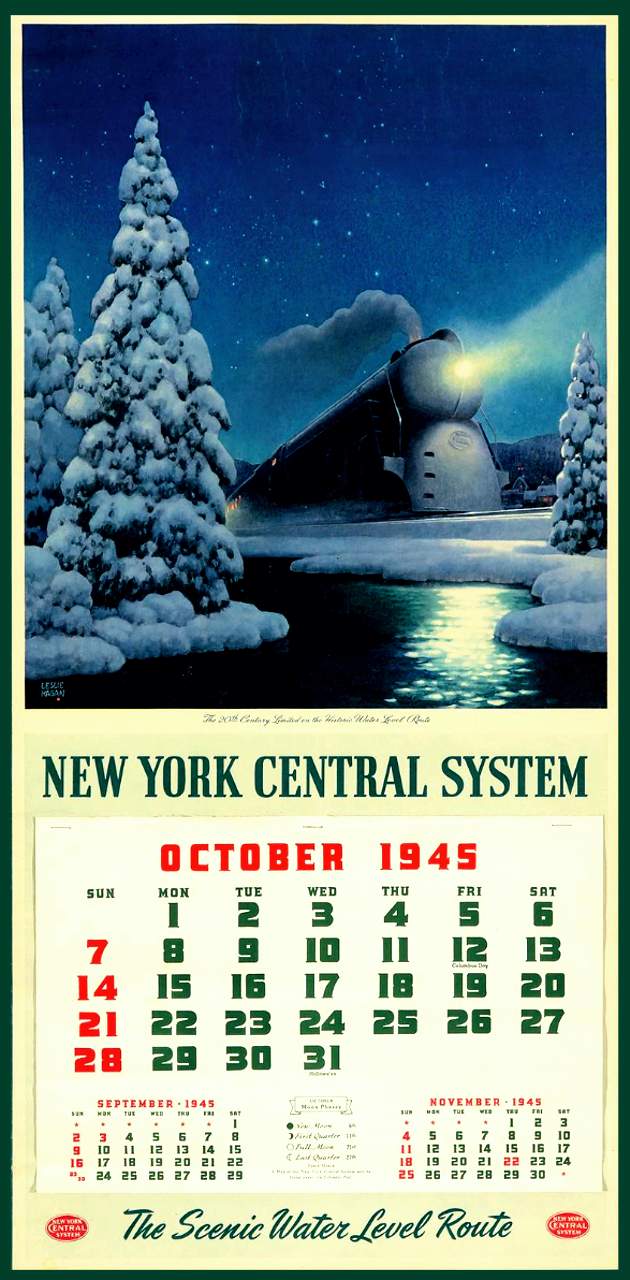 Solve New York Central System, calendar, Oct 1945, illustration by ...