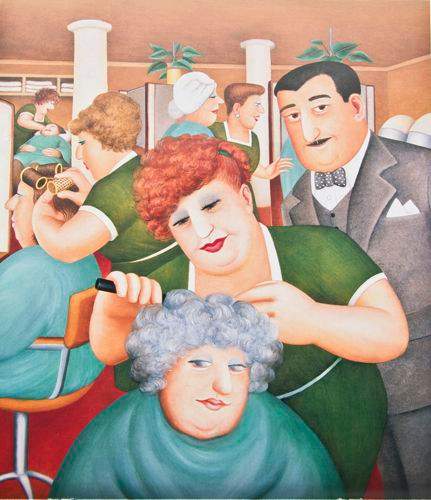 Solve Beryl Cook - Hairdressing Salon jigsaw puzzle online with 56 pieces