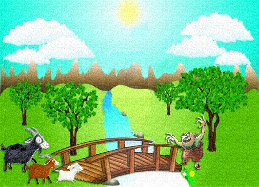Solve the three billy goats gruff jigsaw puzzle online with 63 pieces
