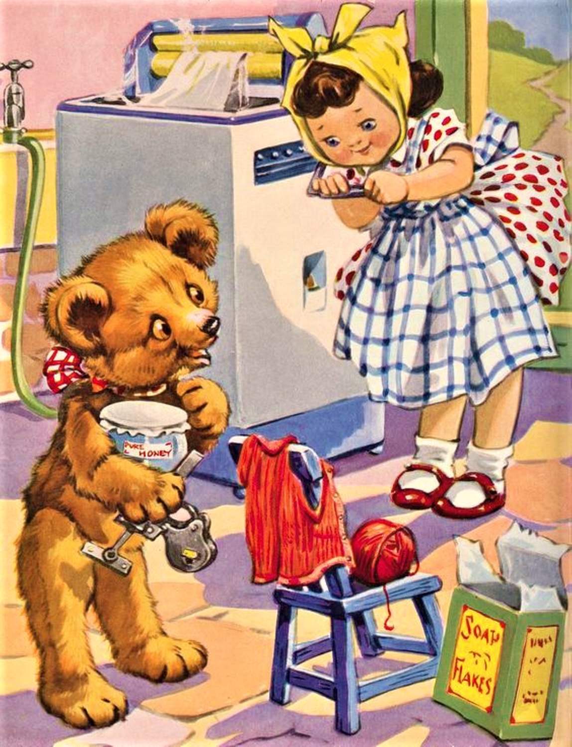 Solve Teddy in the Laundry Room jigsaw puzzle online with 130 pieces