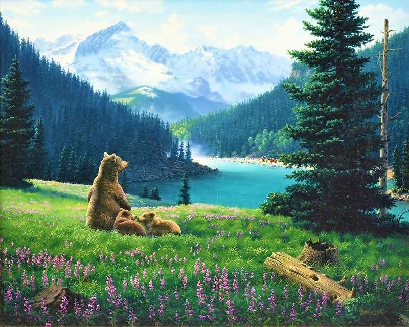 Solve CONTENTED BEAR FAMILY RELAXING ON A HILLSIDE jigsaw puzzle online ...