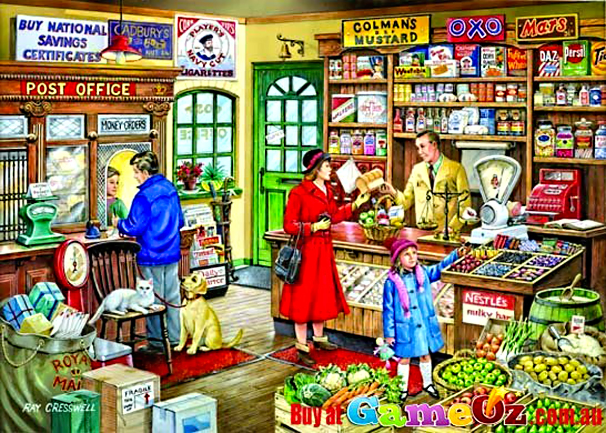 Solve Corner Shop by Ray Cresswell jigsaw puzzle online with 88 pieces