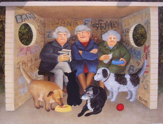Solve Beryl Cook Feeding the Dogs jigsaw puzzle online with 48 pieces