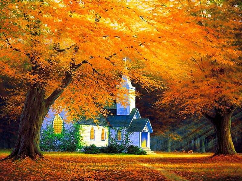 Solve Autumn Country Church jigsaw puzzle online with 70 pieces