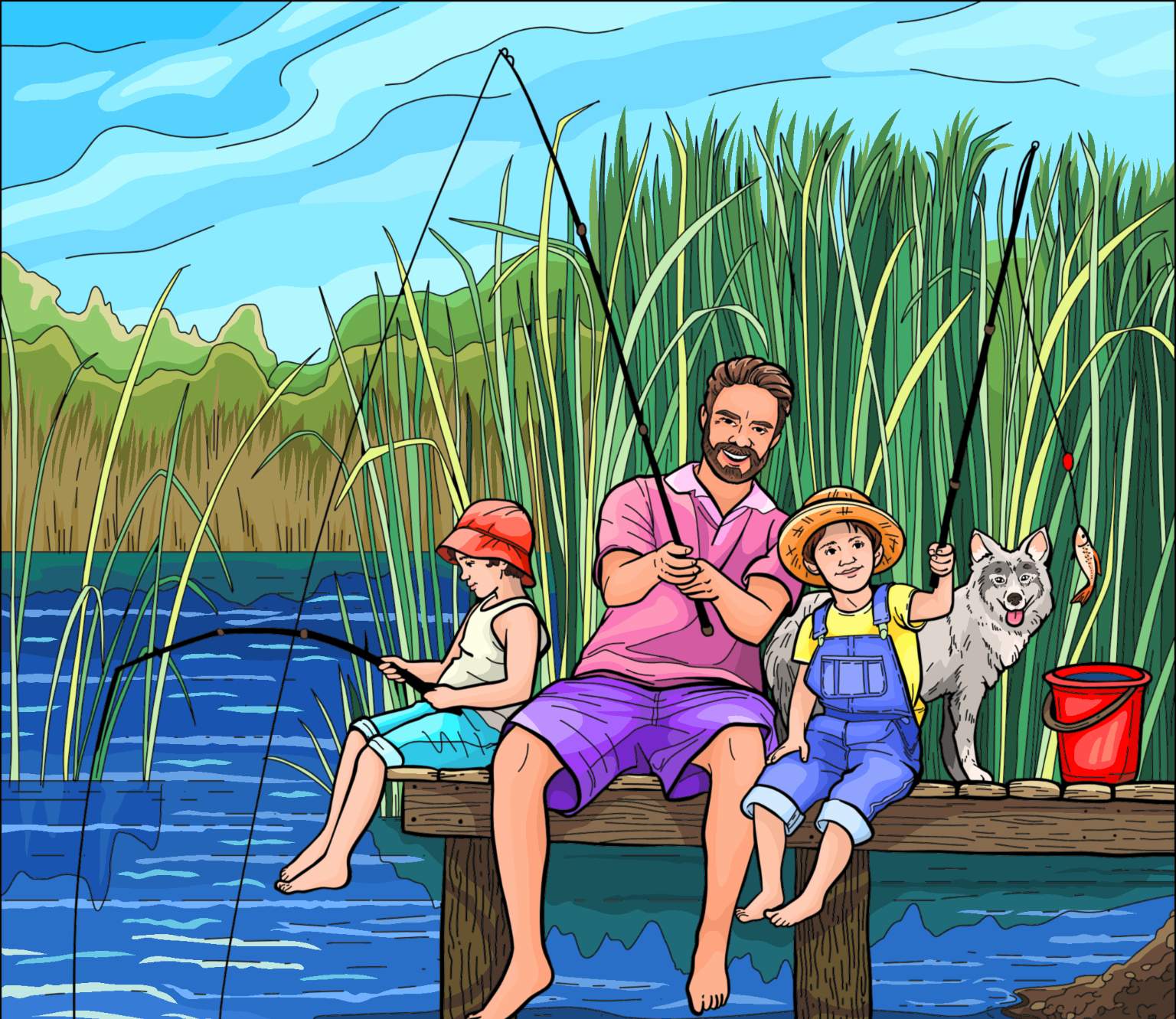 Solve Une journée à la pêche avec papa jigsaw puzzle online with 304 pieces
