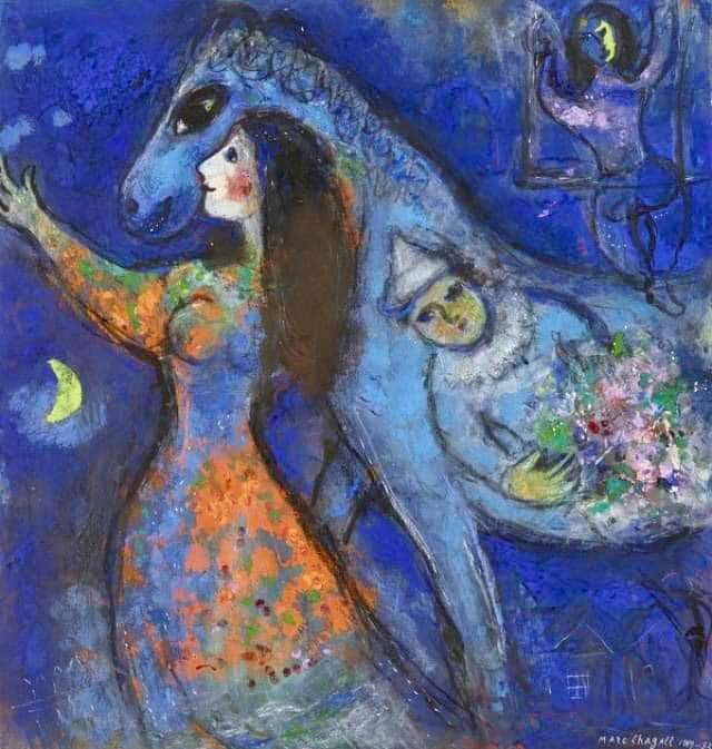 Solve The Horse Rider by Marc Chagall jigsaw puzzle online with 49 pieces