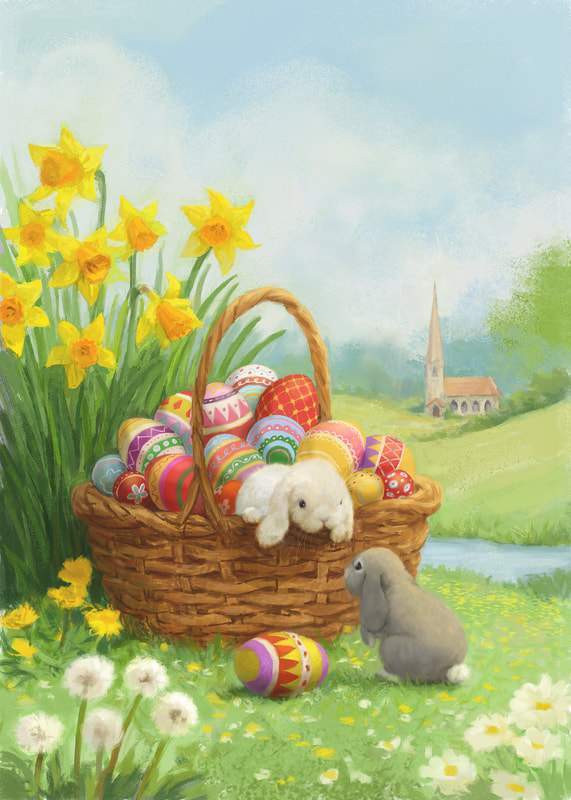 Solve Rabbits-easter-egg-and-church--by Daniel Rodgers jigsaw puzzle ...